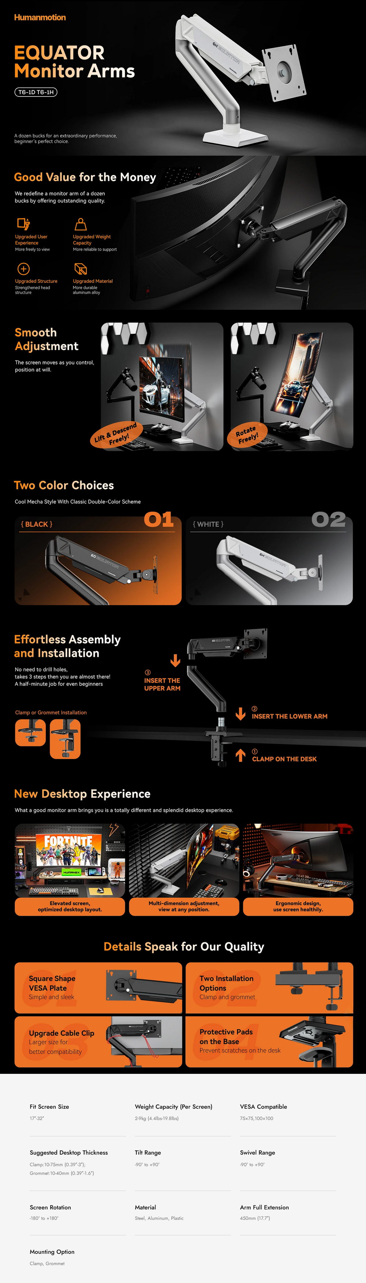 Humanmotion T6-1D Aluminium Mecha Single Monitor Arm Mount 17"-32 ...