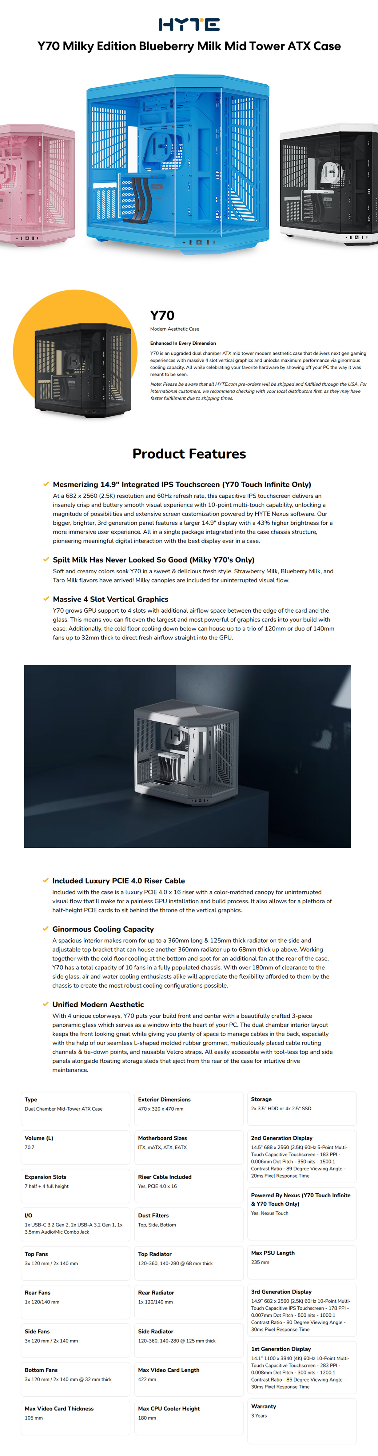 Hyte Y70 Tempered Glass Mid Tower ATX PC Case - Blueberry Milk - CS-THE ...