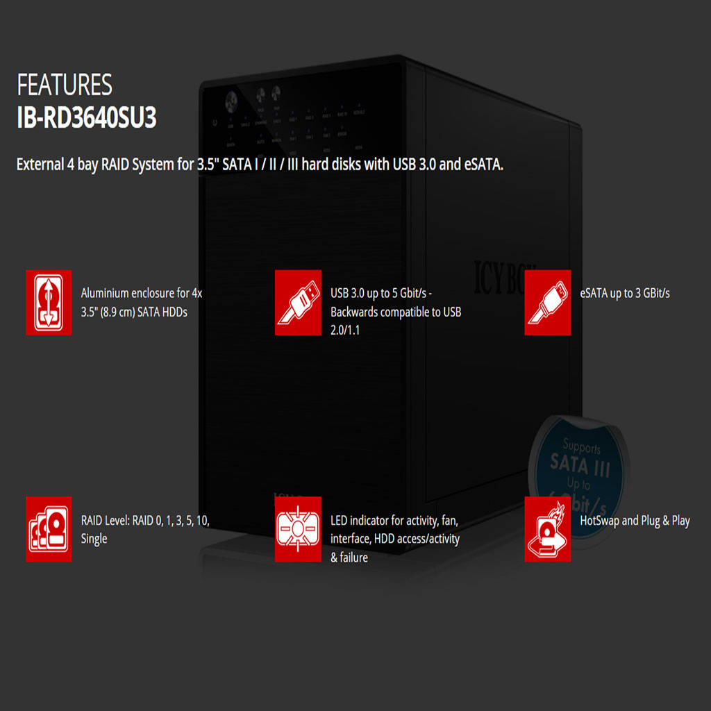 ICY BOX IB-RD3640SU3 External 4-Bay 3.5" SATA w/ USB 3.0 and eSATA RAID ...