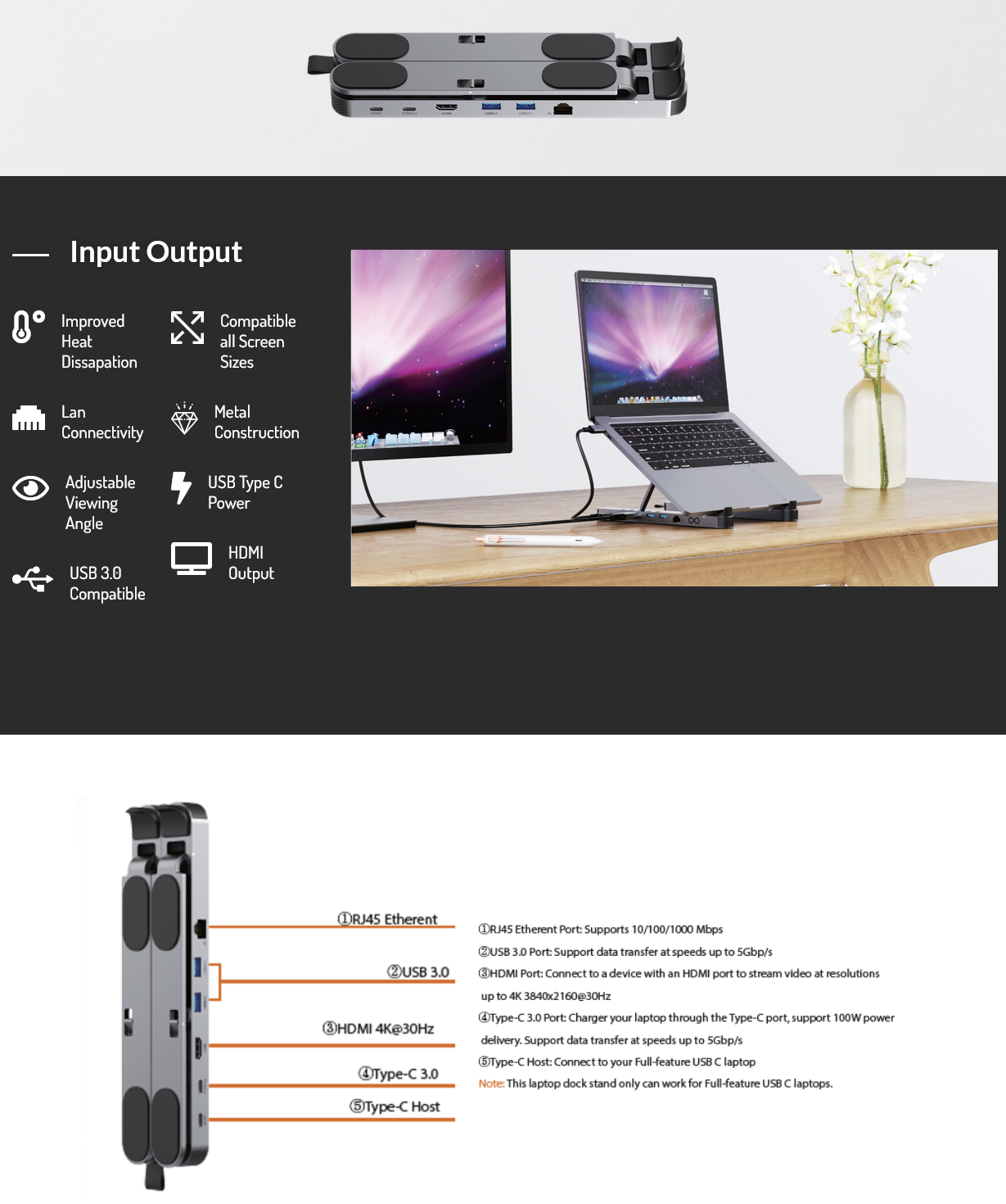Infinity Laptop Riser Stand with 5-in-1 Dock - INF-NBSTAND-HB348 | Mwave