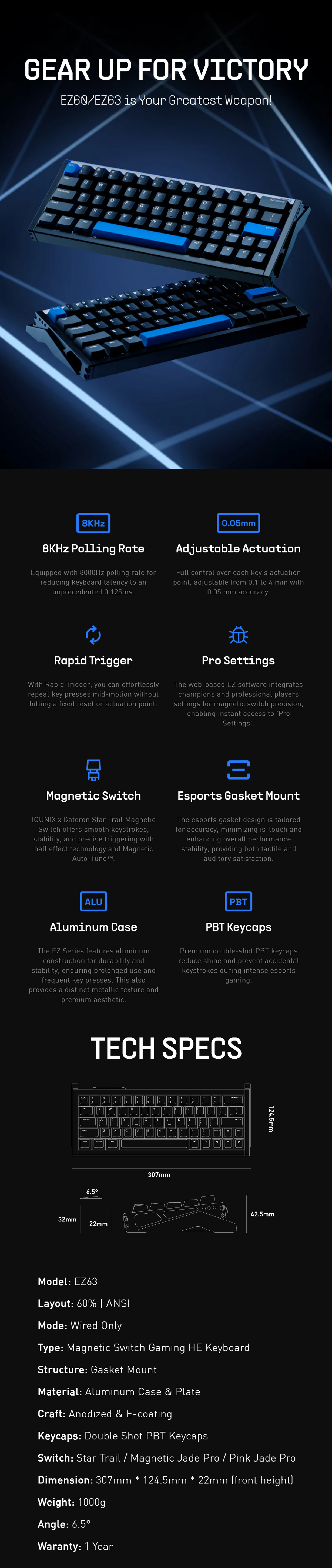 IQUNIX EZ63 Blue RGB HE Mechanical Gaming Keyboard - Star Trail Switch ...