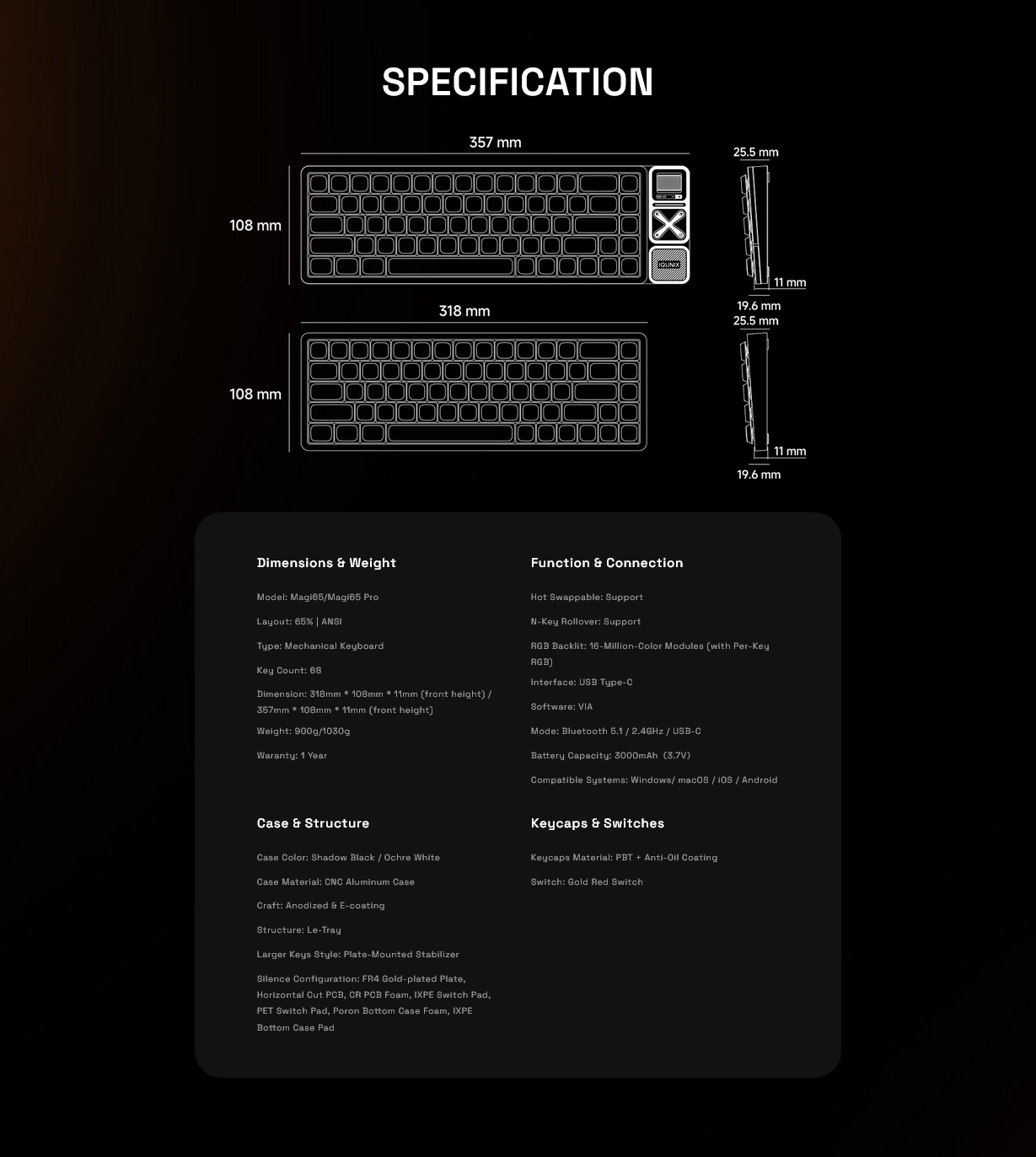 IQUNIX Magi65 Pro White Low Profile Aluminum Wireless Mechanical ...