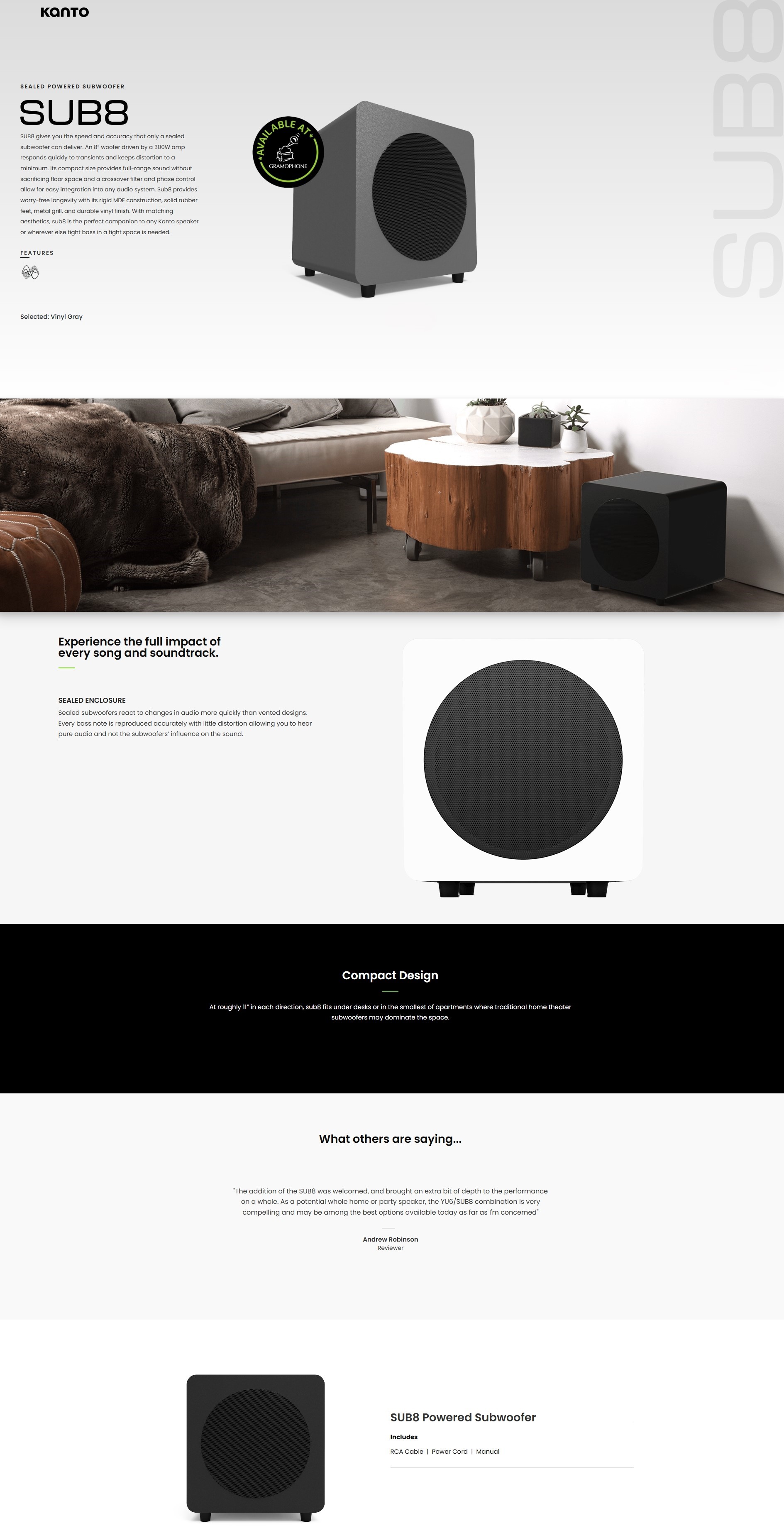 Kanto SUB8 300W 8" Sealed Powered Subwoofer - Matte Grey - KO-SUB8VMG-I | Mwave