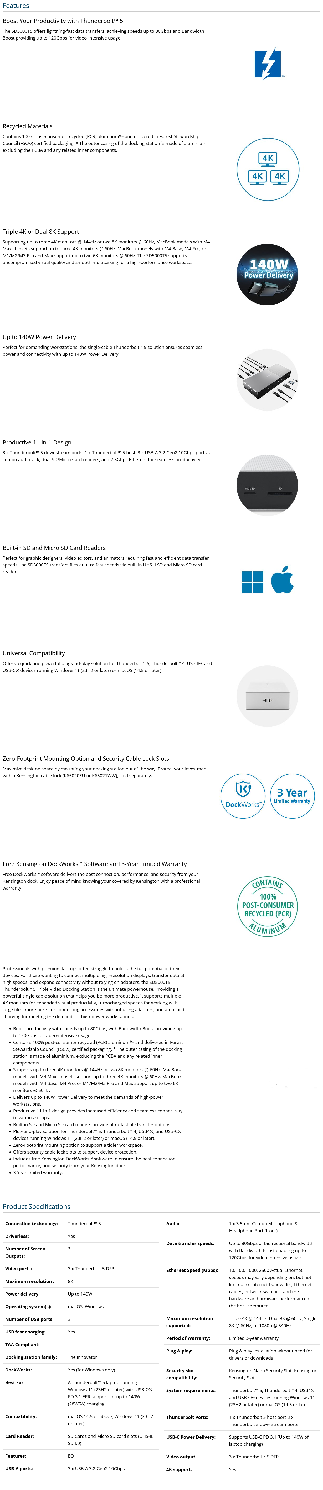 Kensington SD5000T5 EQ Thunderbolt 5 Triple 4K Docking Station with ...