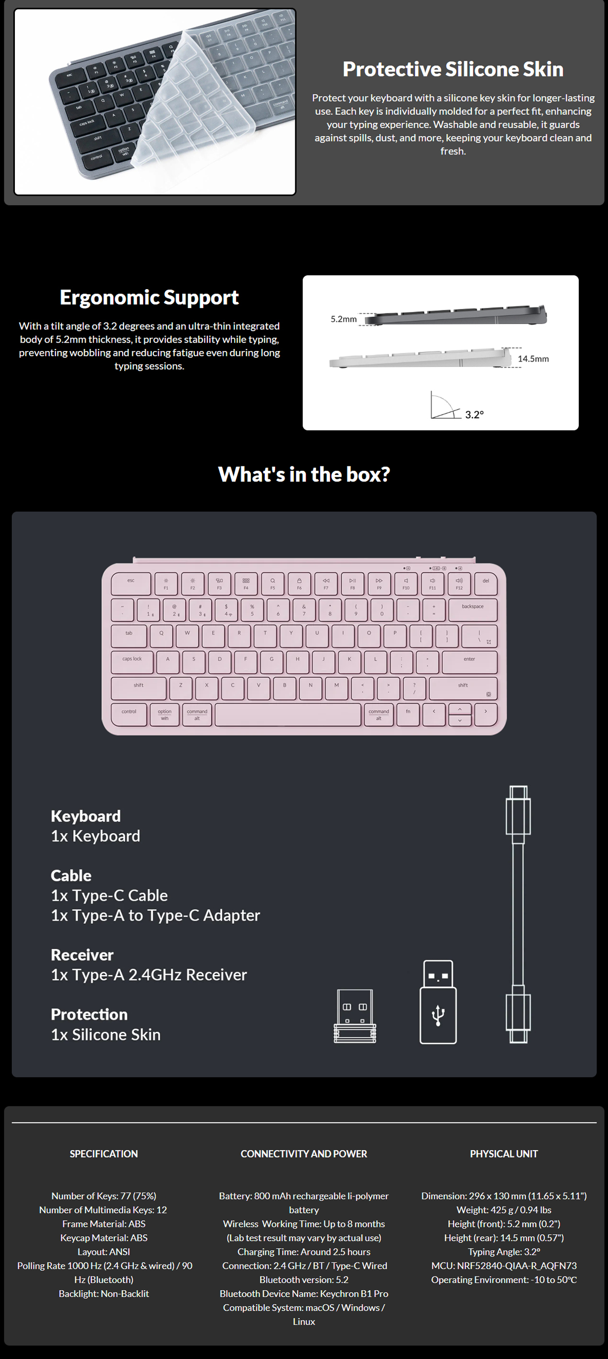 Keychron B1 Pro Ultra-Slim Wireless Keyboard - Blossom Pink - KBKCB1PK4 ...