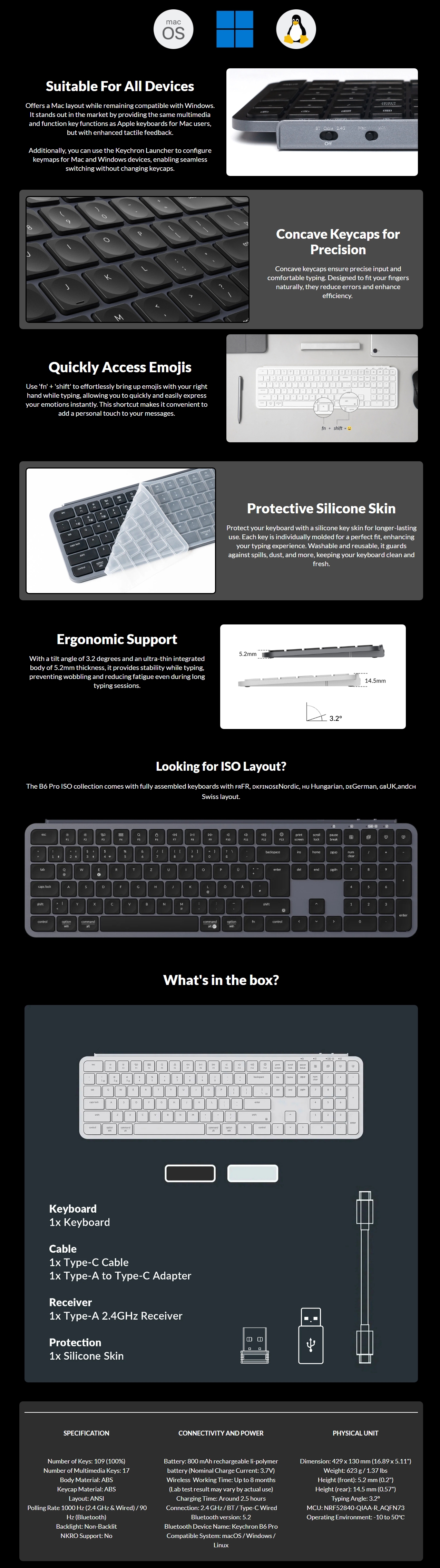 Keychron B6 Pro Ultra-Slim Wireless Keyboard - Retro Red - KBKCB6PK13 ...
