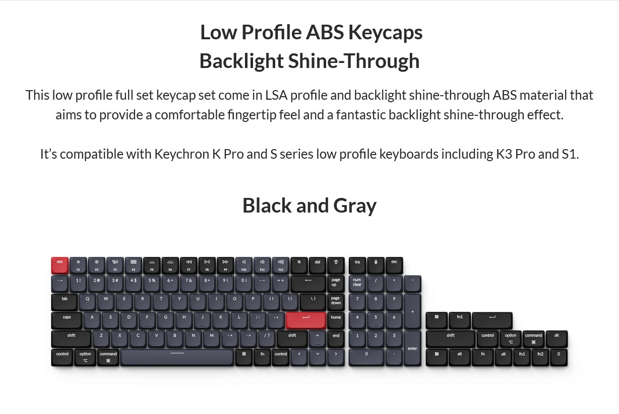 Keychron Low Profile ABS LSA Profile Keycap Set - Black & Grey ...