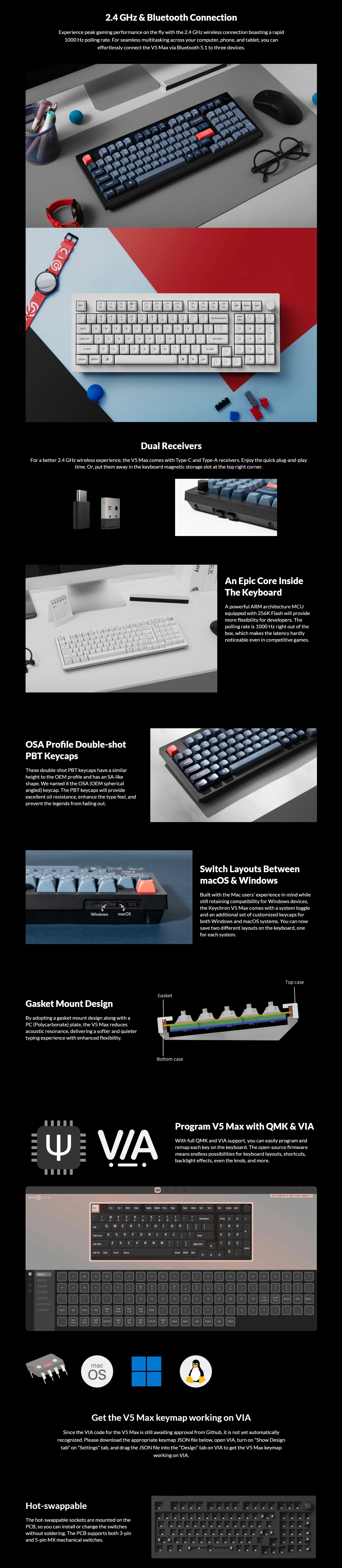 Keychron V5 Max QMK/VIA Wireless Custom Mechanical Keyboard - White ...