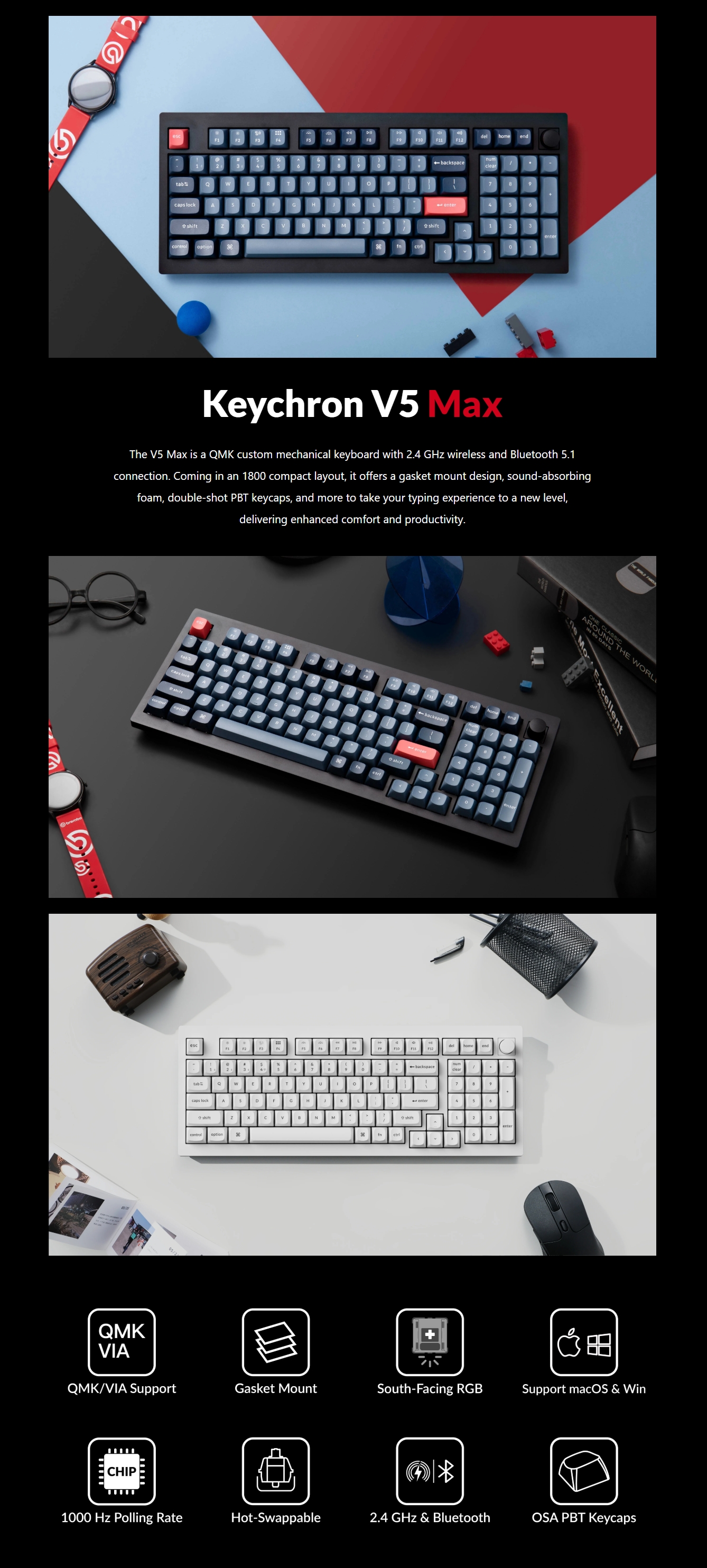 Keychron V5 Max QMK/VIA Wireless Custom Mechanical Keyboard - White ...