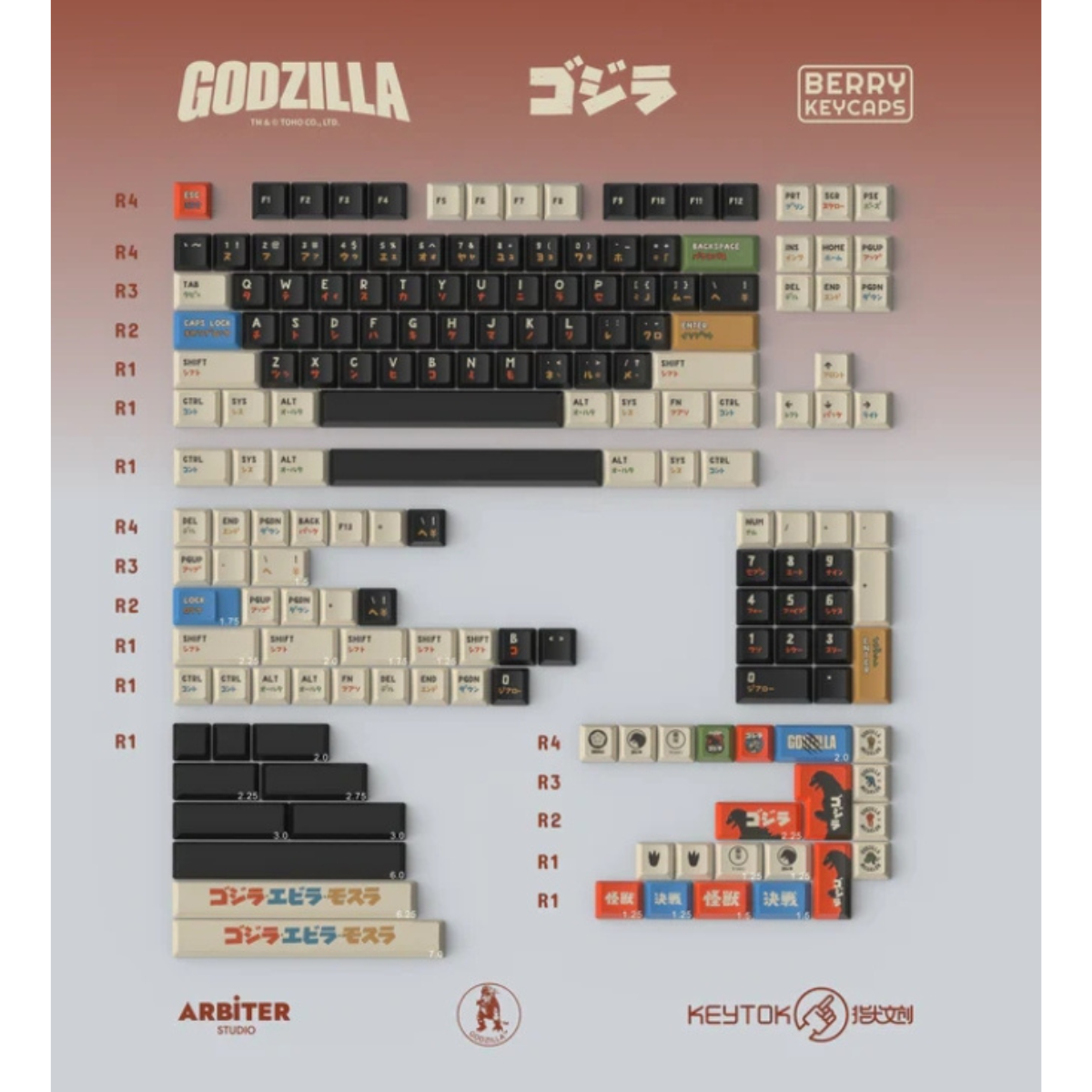 KeyTok BERRY Low-Profile Black Classic Godzilla Keycaps 173pcs Set ...