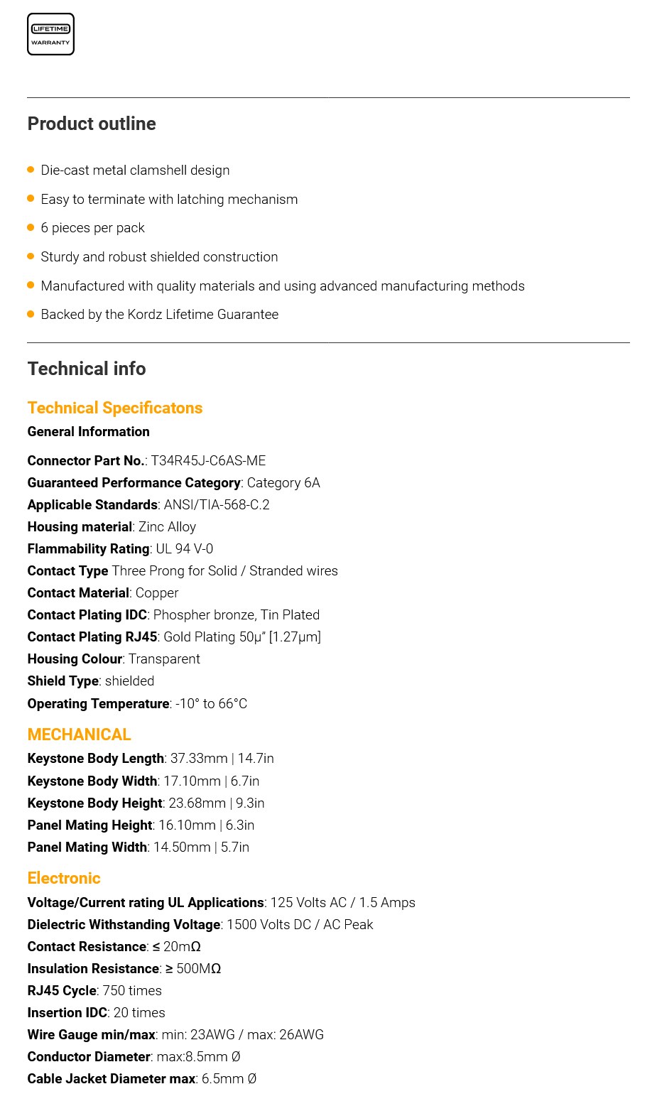 Kordz Professional Shielded Toolless Cat6A RJ45 Keystone Socket - 6 Pack - T3R45J-C6AS-ME | Mwave