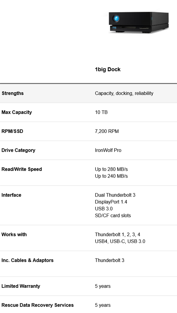 LaCie 1big Dock 10TB 7200RPM Thunderbolt 3 External Desktop Hard Drive ...