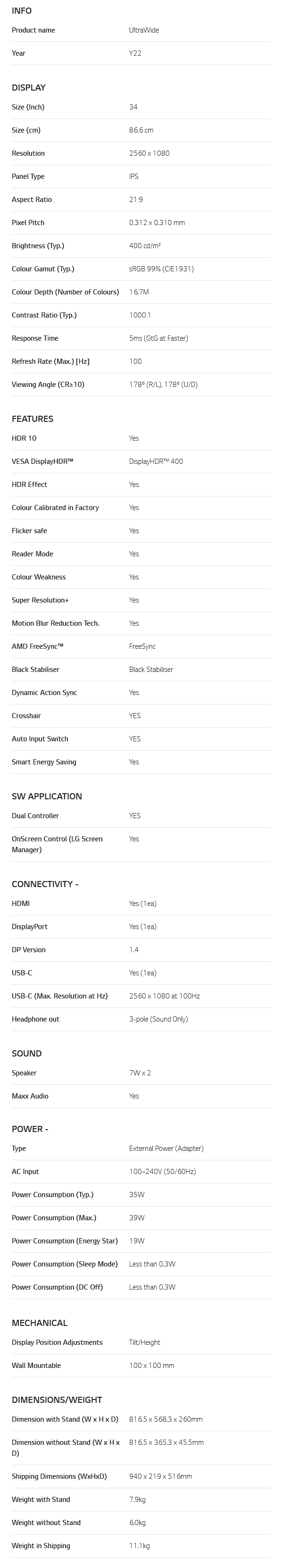 LG 34WQ650-W 34" 100Hz UltraWide Full HD FreeSync IPS Monitor with USB ...