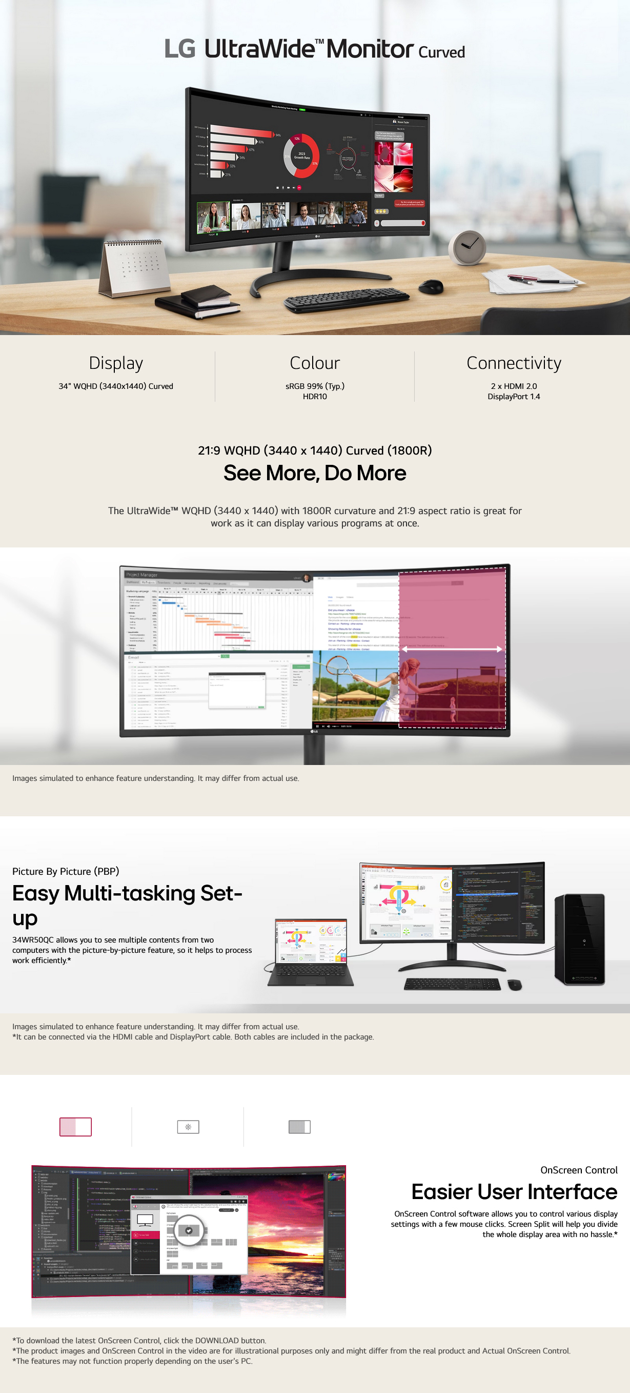 LG UltraWide 34WR50QK-B 34" 100Hz UWQHD HDR10 Curved VA Monitor ...