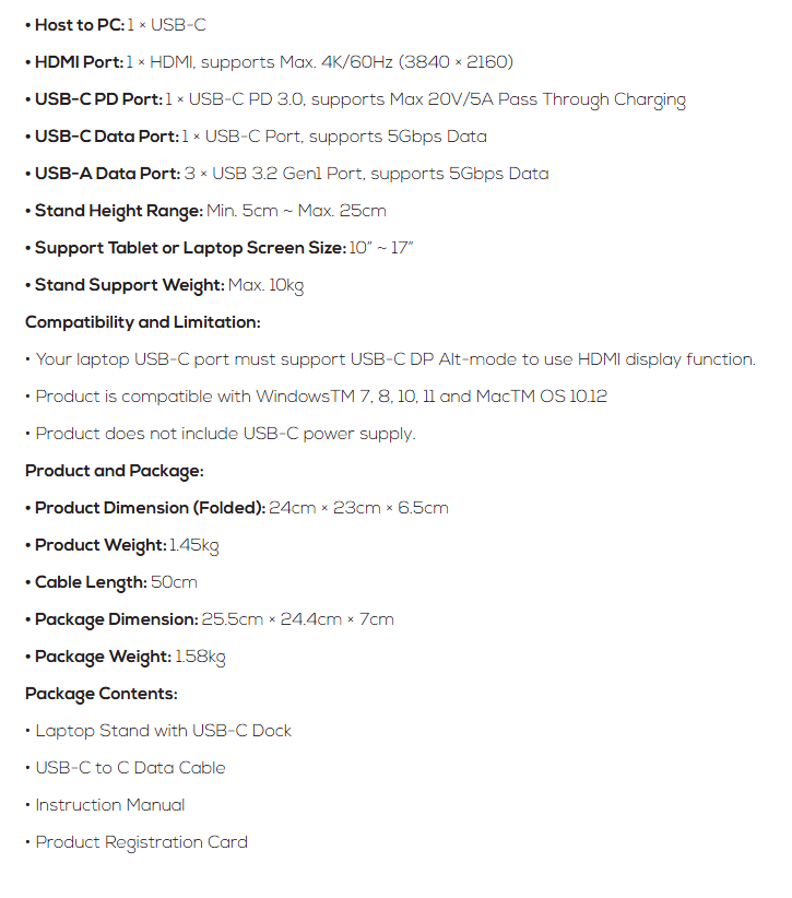 mbeat Stage P6 Laptop Stand with USB-C Dock - MB-STD-P6GRY | Mwave