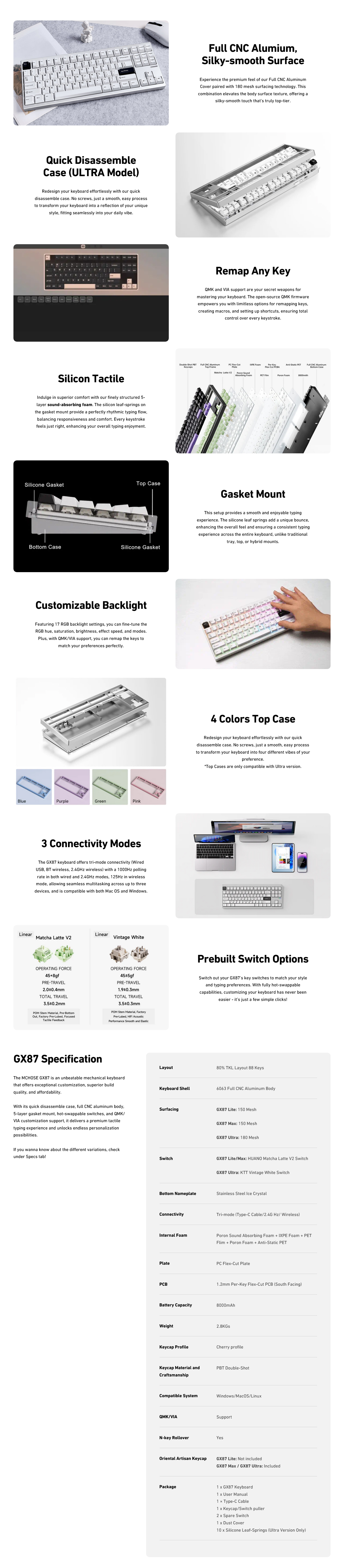 MCHOSE GX87 TKL Aluminum Mechanical Keyboard - White Electrophoresis ...