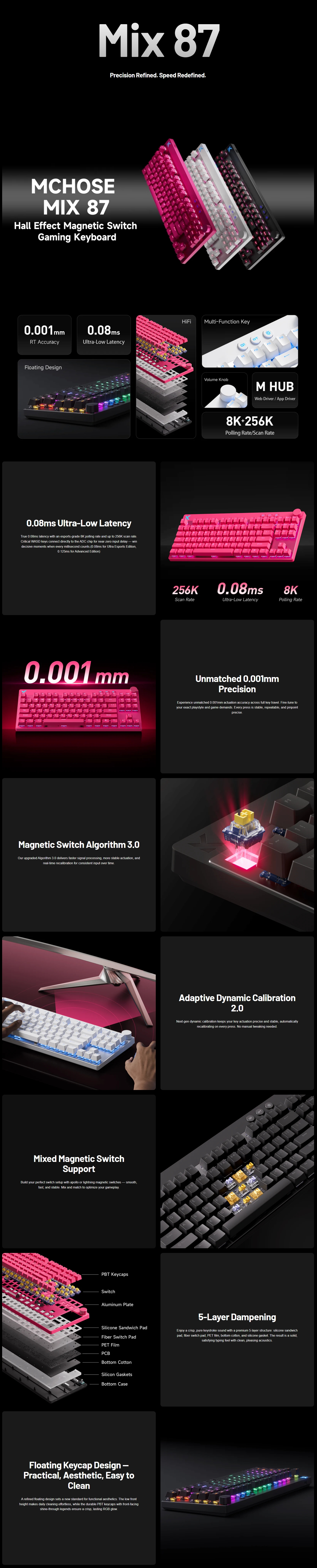 MCHOSE Mix 87 Hot-Swappable Hall Effect Magnetic Black Gaming Keyboard ...