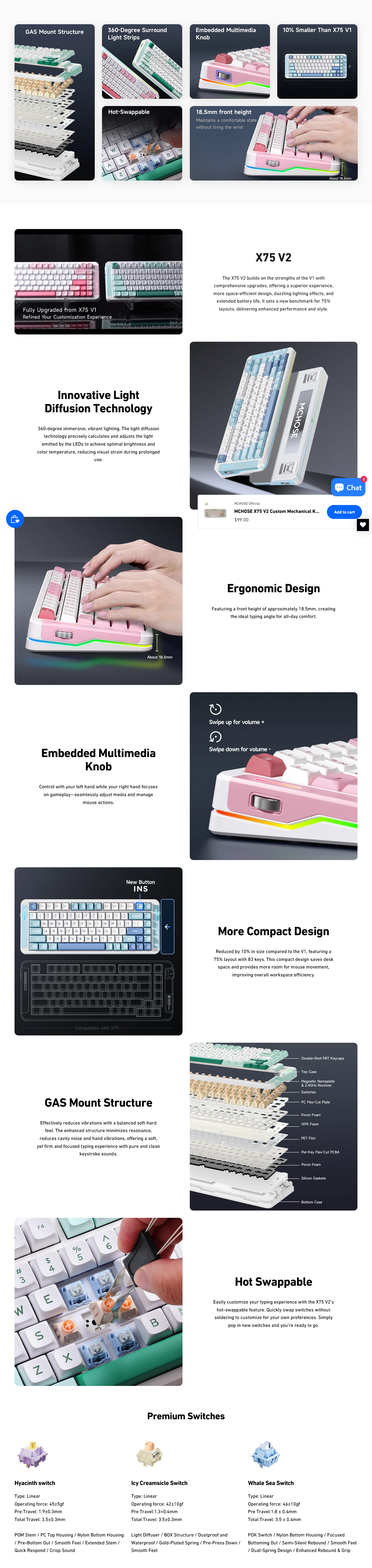 MCHOSE X75 V2 Retro White Mechanical Keyboard - Icy Creamsicle Switches - KBMCX75V29 | Mwave