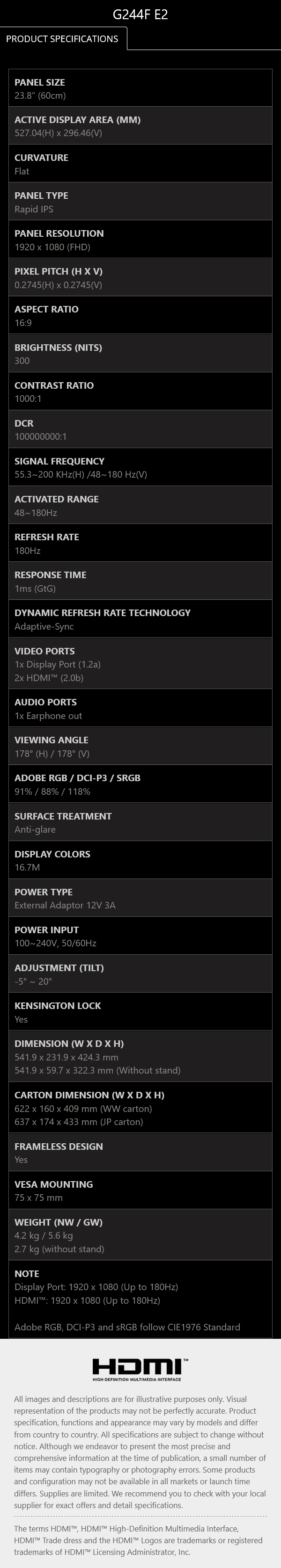 MSI G244F E2 23.8" 180Hz Full HD 1ms IPS Gaming Monitor - G244F E2 | Mwave