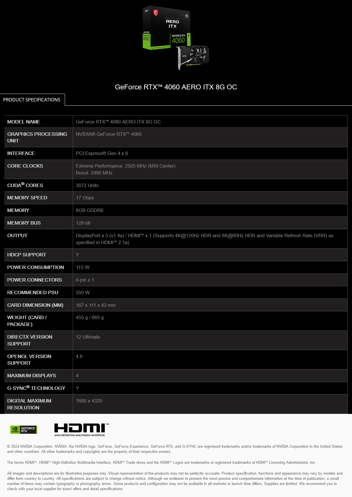 MSI GeForce RTX 4060 AERO ITX OC 8GB Video Card - GeForce RTX 4060 AERO ...