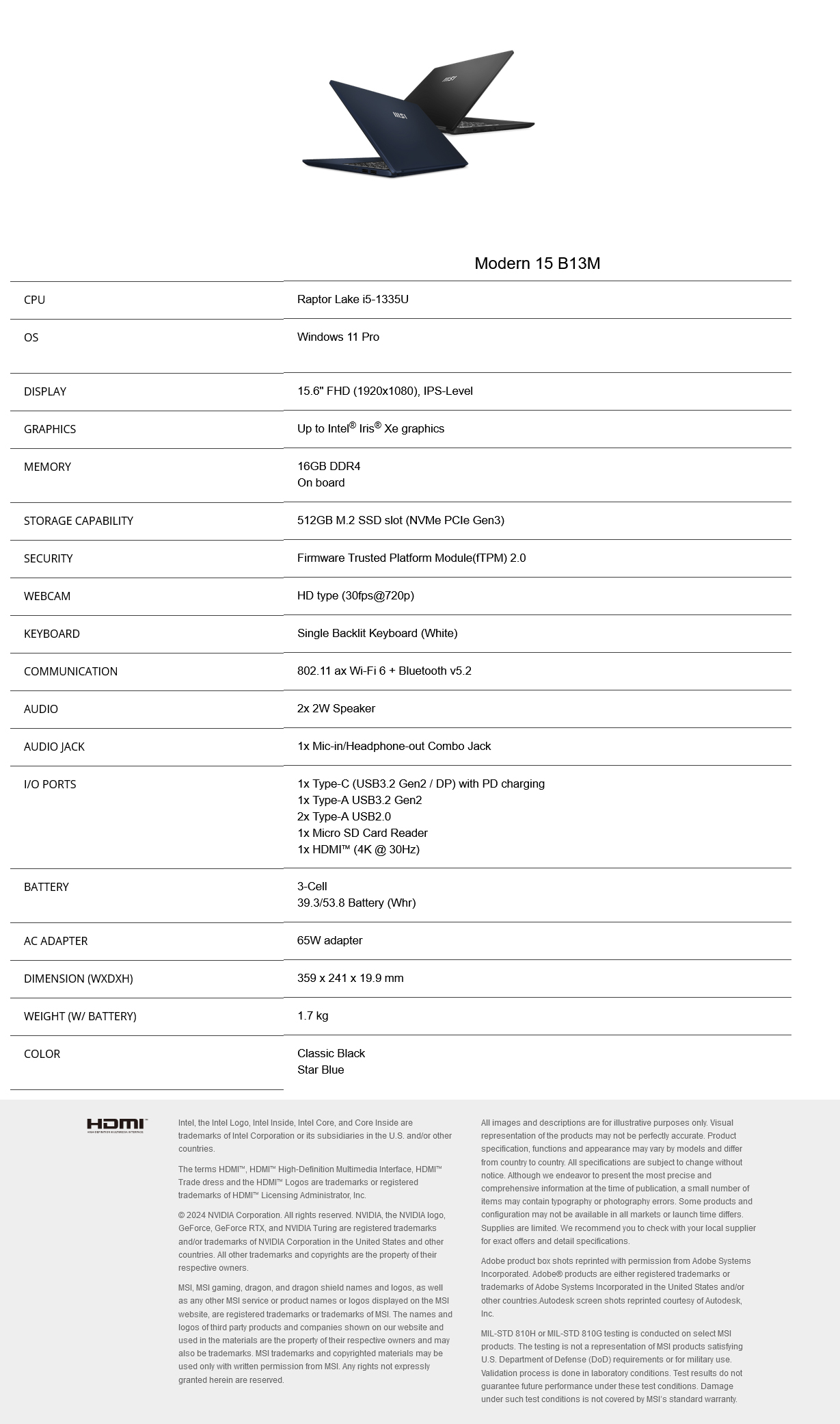 MSI Modern 15 B13M 15.6" FHD Laptop i5-1335U 16GB 512GB W11P - Modern ...