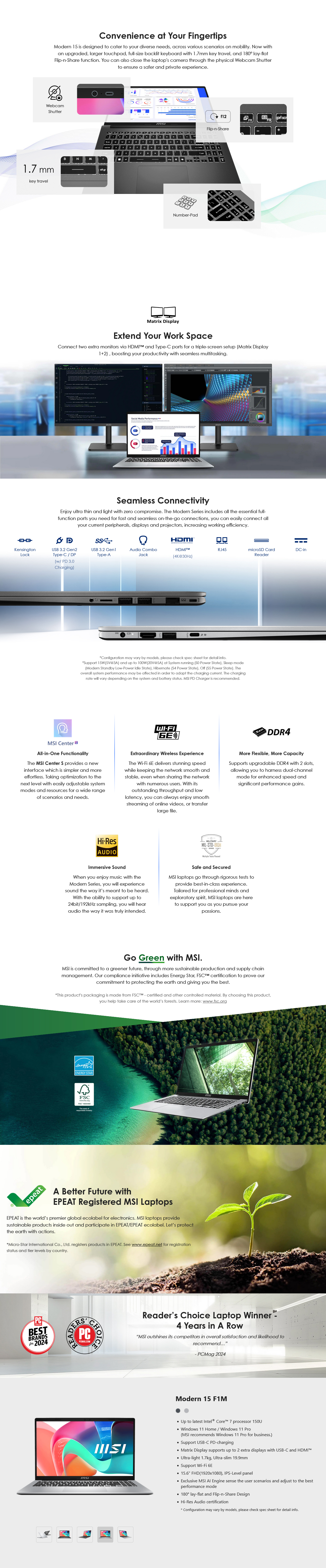 MSI Modern 15 F1M 15.6" Laptop Core 7 150U 16GB 1TB W11P - Modern 15 ...