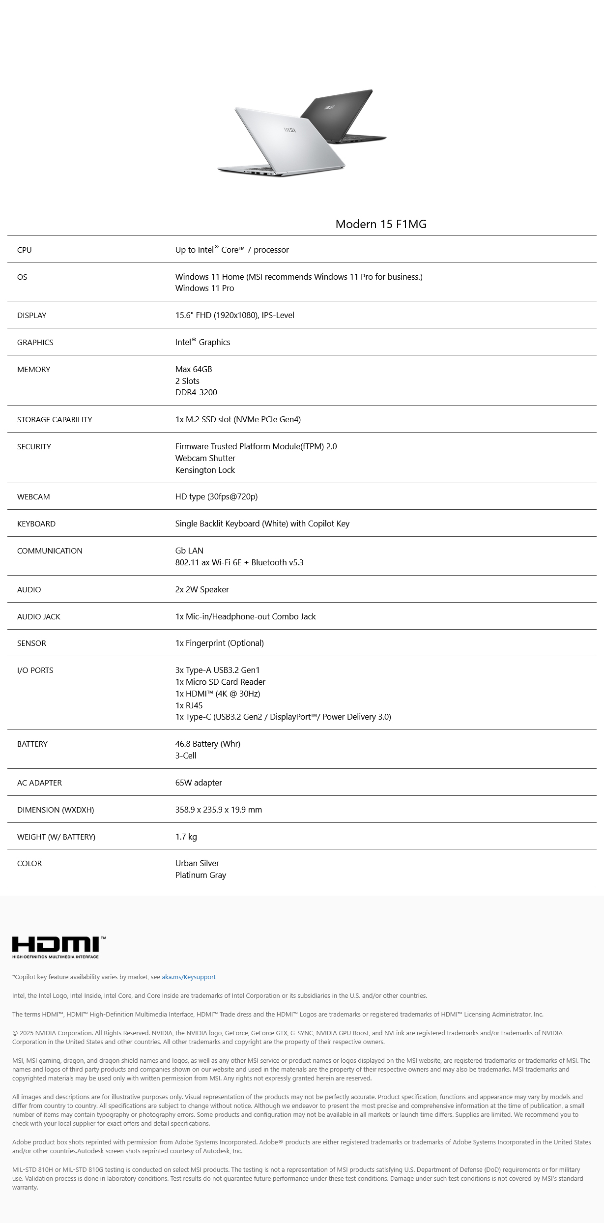 MSI Modern 15 F1M 15.6" Laptop Core 7 150U 16GB 1TB W11P - Modern 15 F1MG-216AU | Mwave