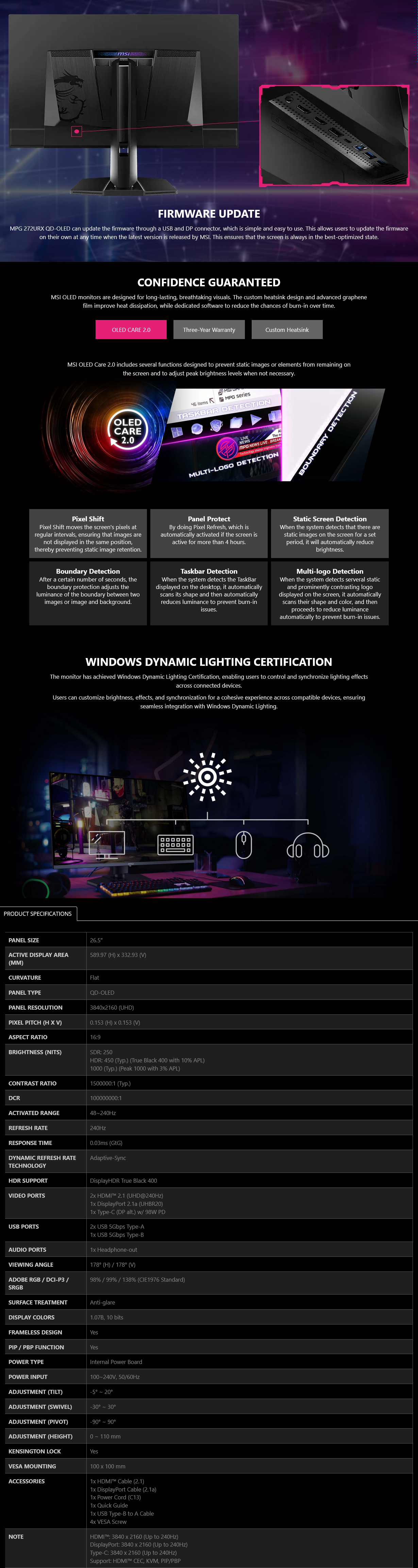 MSI MPG 272URX 26.5" 240Hz 4K UHD 0.03ms Adaptive Sync QD-OLED Gaming Monitor - G-SYNC ...