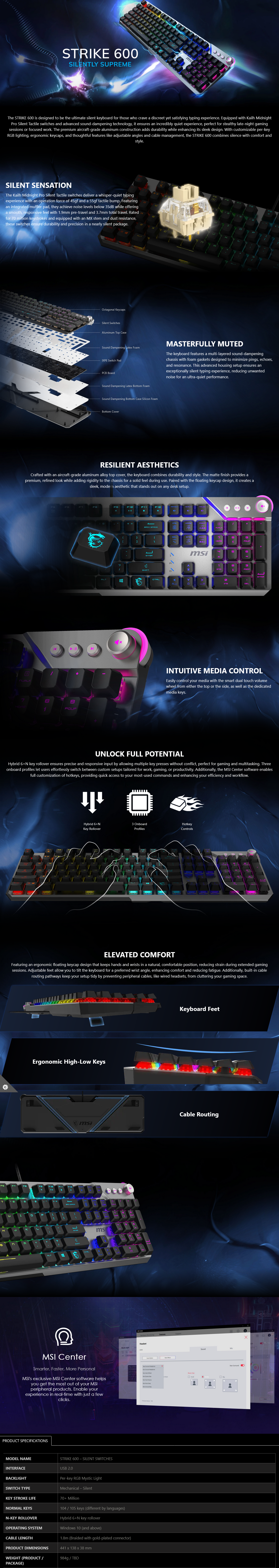 MSI STRIKE 600 SILENT RGB Mechanical Gaming Keyboard - STRIKE 600 ...
