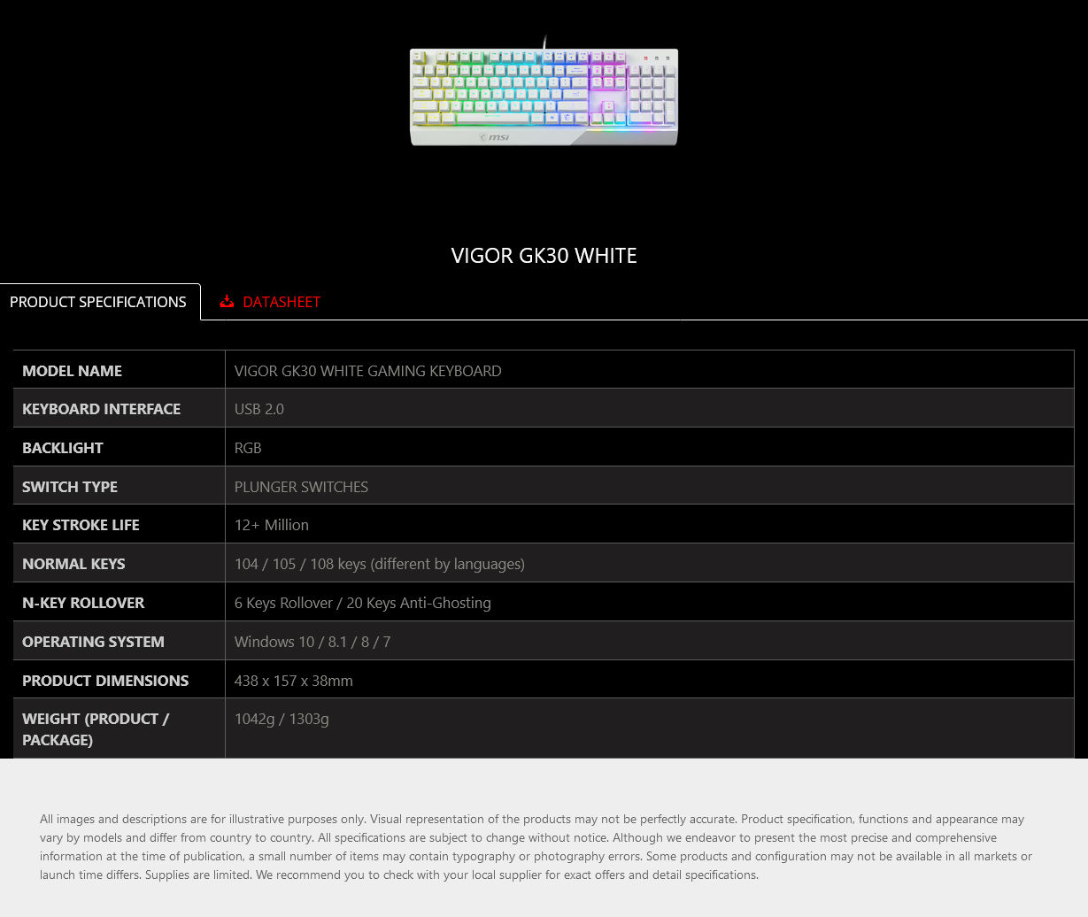 MSI Vigor GK30 RGB White Gaming Mechanical Keyboard - Plunger Switches ...