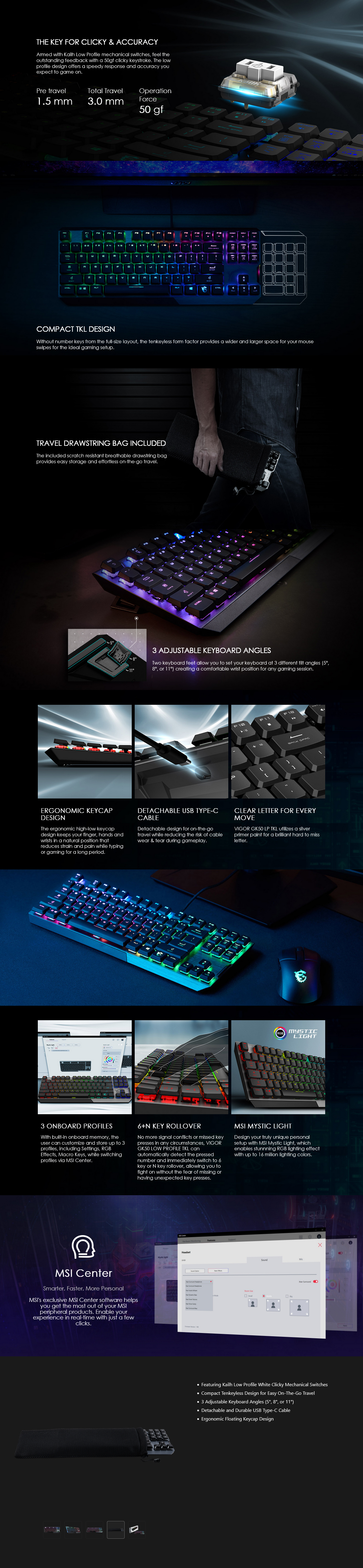 MSI Vigor GK50 TKL RGB Low Profile Mechanical Gaming Keyboard - Kailh LP White Clicky - VIGOR ...