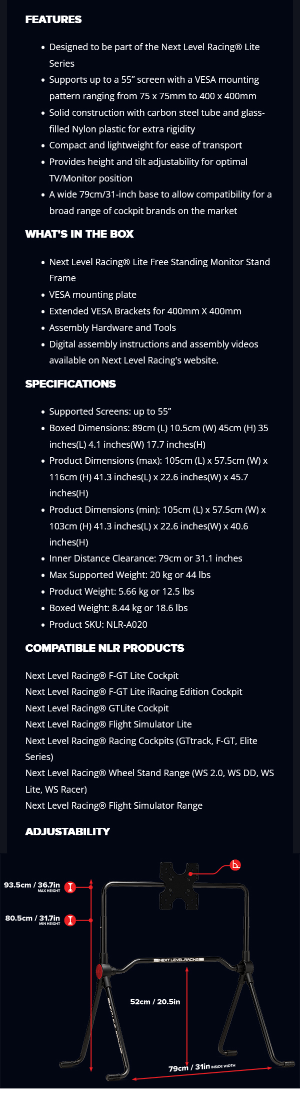 Next Level Racing Lite Free Standing Up To 55" Single Monitor Stand ...