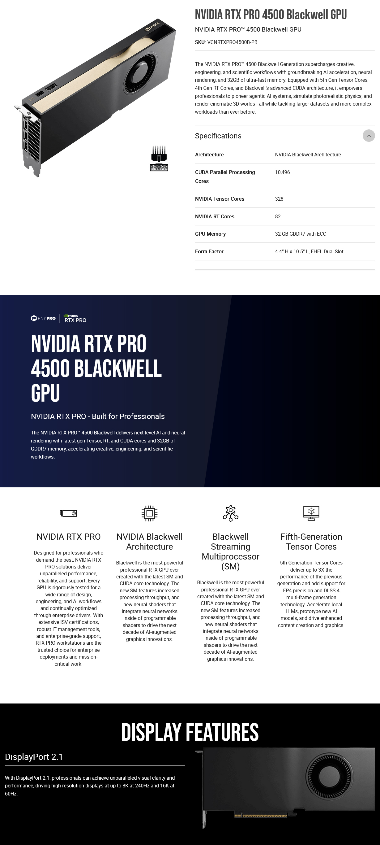 NVIDIA RTX PRO 4500 Blackwell 32GB Professional Video Card - 900-5G147 ...