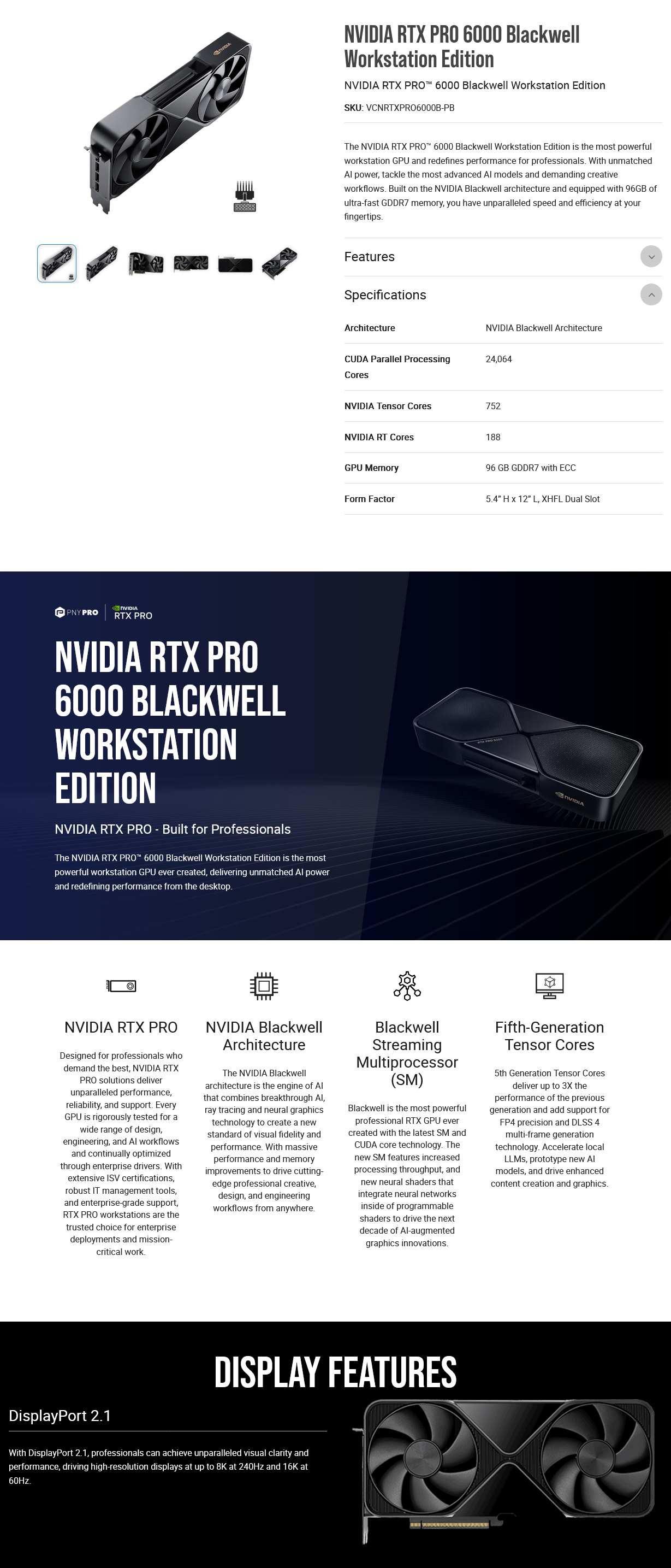 NVIDIA RTX PRO 6000 Blackwell 96GB Professional Video Card - Workstation Edition 900-5G144-2500 ...