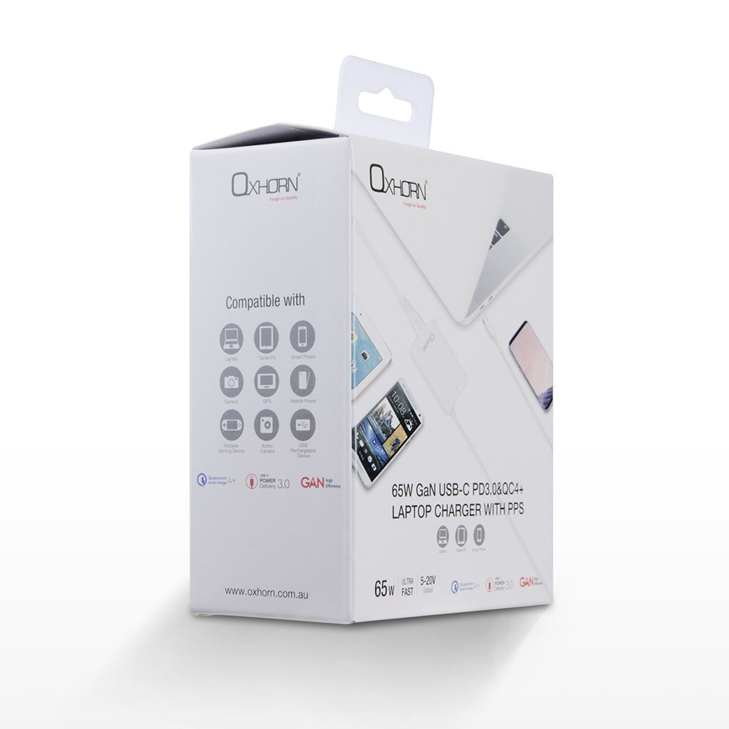 Oxhorn 65W USB-C GaN Charger - White - ACBOXHNBPD65W | Mwave
