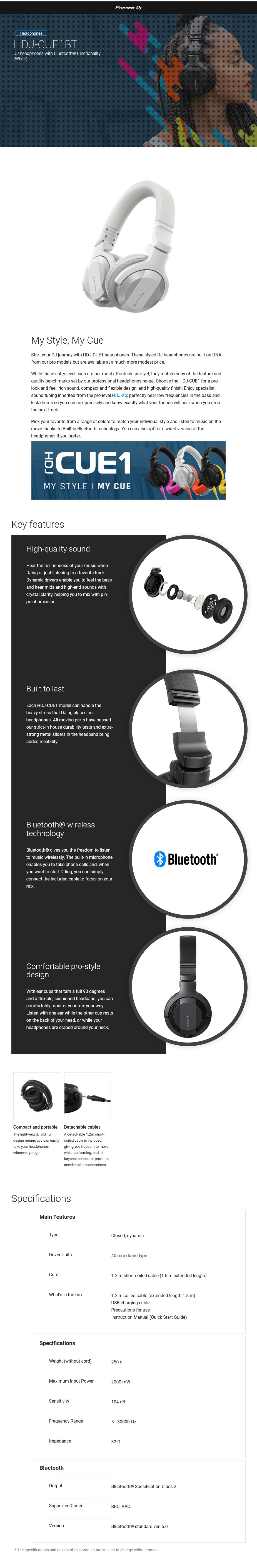 Pioneer DJ HDJ-CUE1BT Bluetooth Dynamic Over-Ear Headphones - White ...