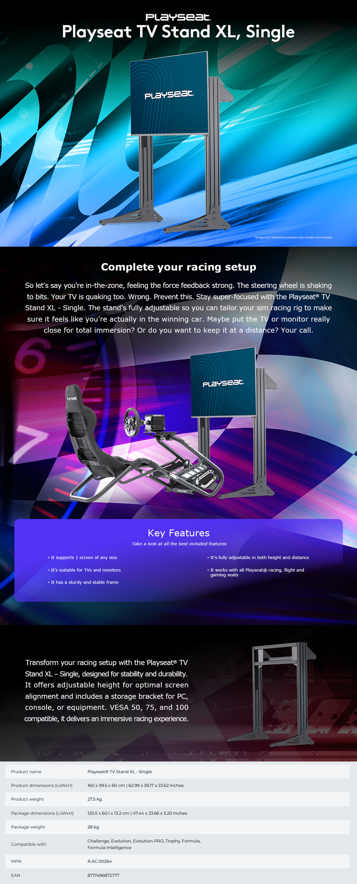 Playseat TV Stand XL - Single - PTVSS | Mwave