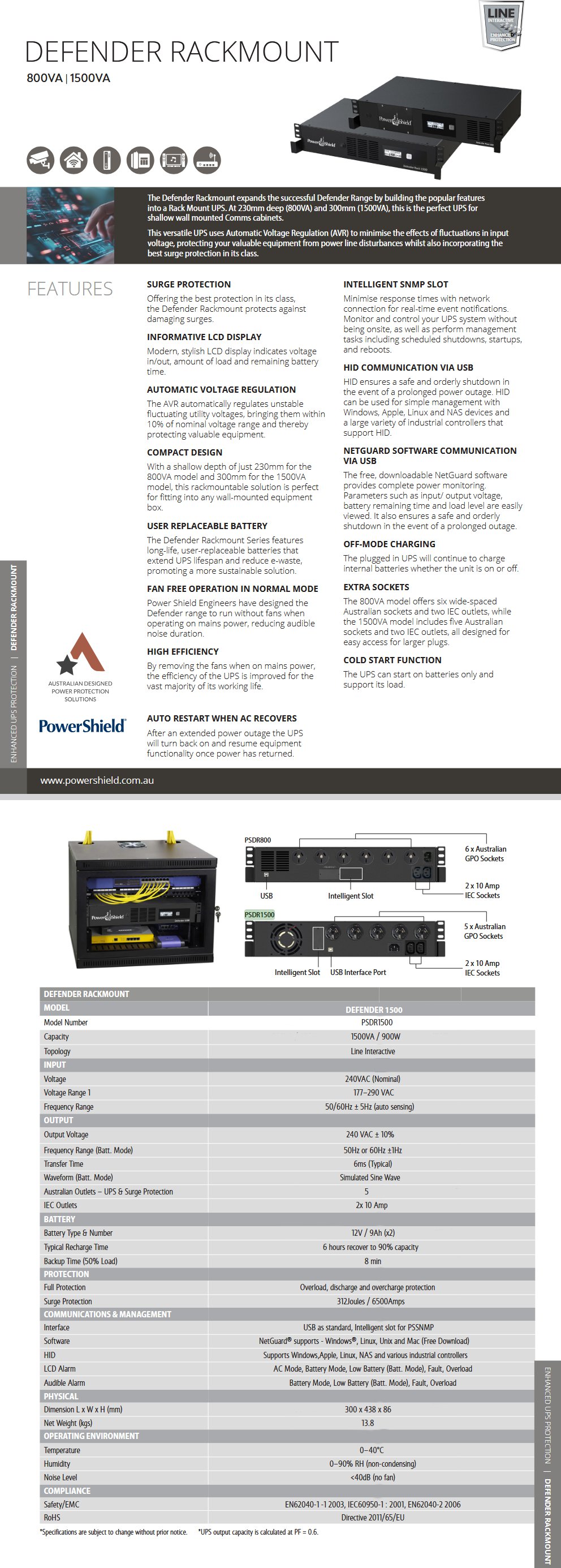 PowerShield PSDR1500 Defender Rackmount 1500VA Shallow Depth 2RU UPS ...