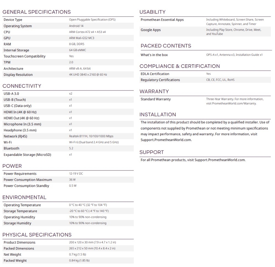 Promethean OPS-A2 - Arm Cortex A72, 8G RAM, 64GB EMMC Computing Module ...