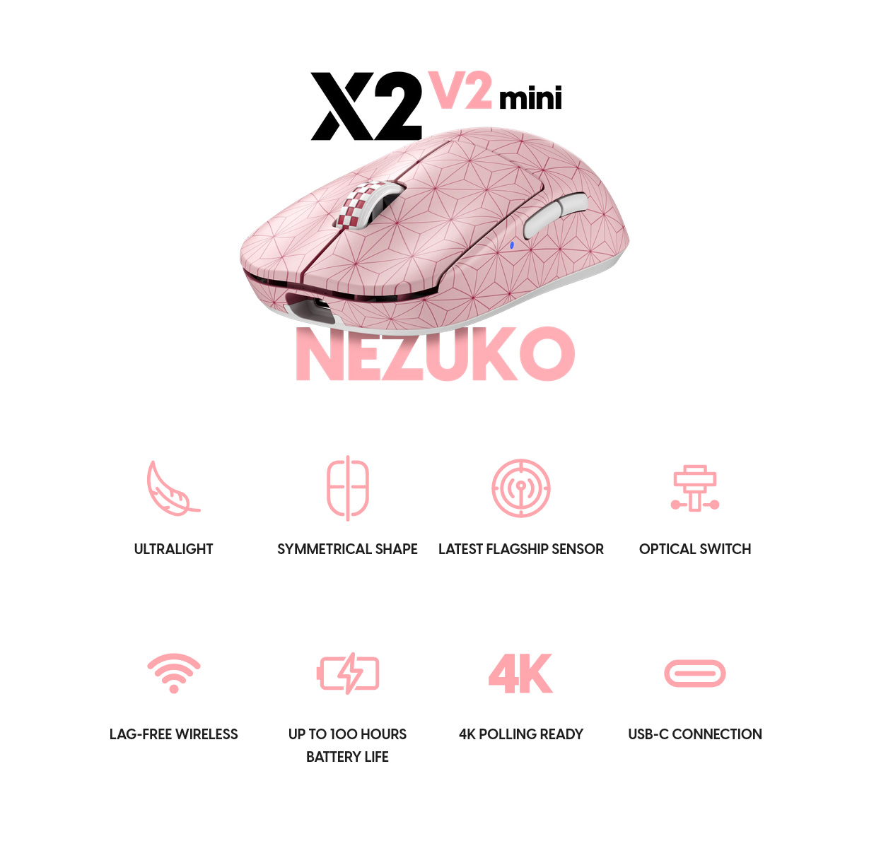 Pulsar X2V2 4K Mini Nezuko Wireless Optical Gaming Mouse - Demon Slayer ...