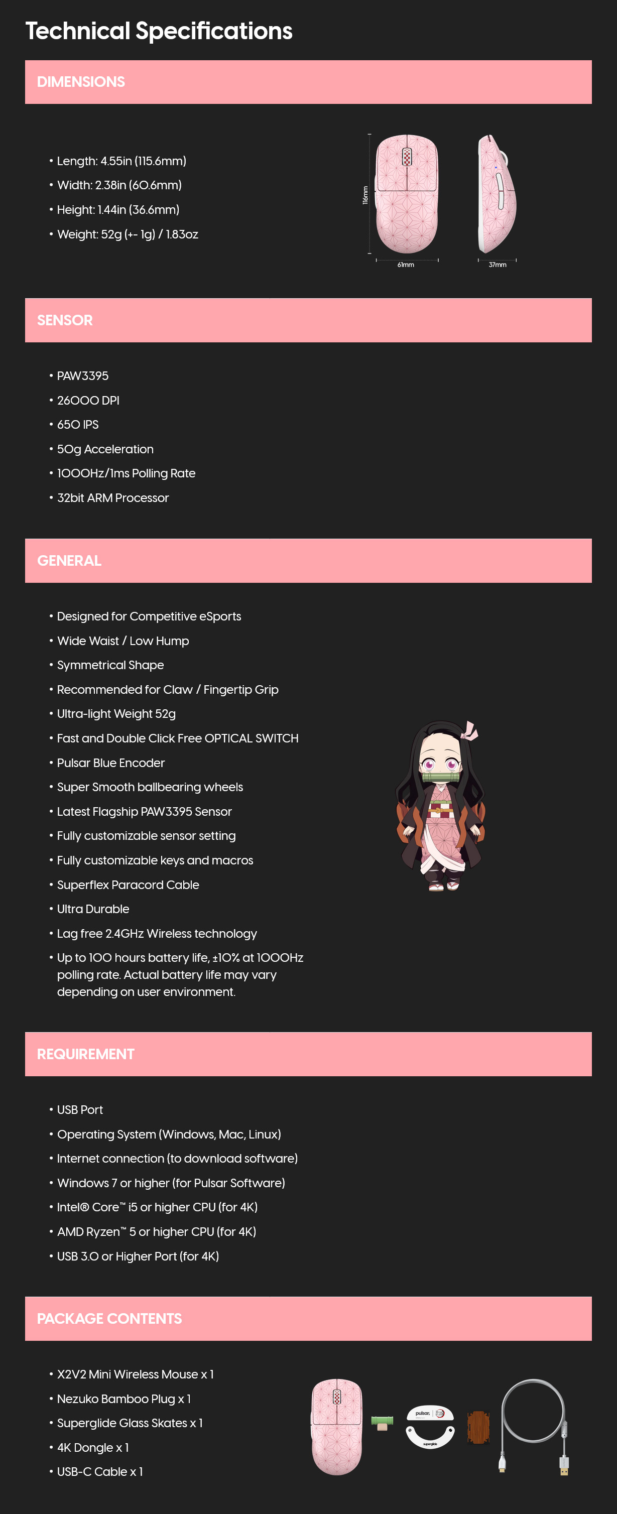 Pulsar X2V2 4K Mini Nezuko Wireless Optical Gaming Mouse - Demon Slayer ...