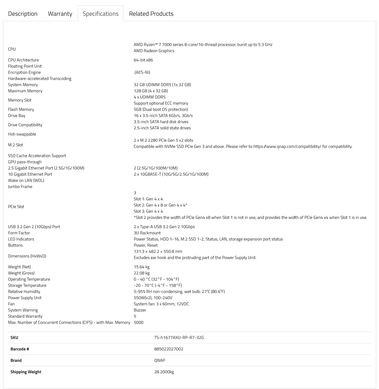 QNAP TS-h1677AXU-RP-R7-32G 16-Bay Diskless NAS Ryzen 7 7000 CPU 32GB ...