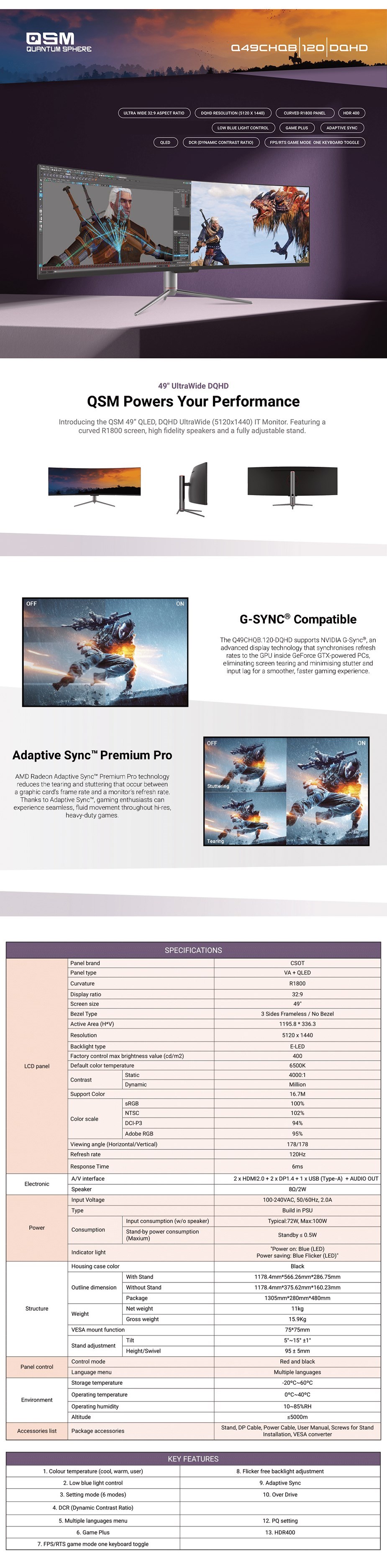 QSM 49" 120Hz 5K DQHD FreeSync Curved QLED VA Gaming Monitor - Q49CHQB ...