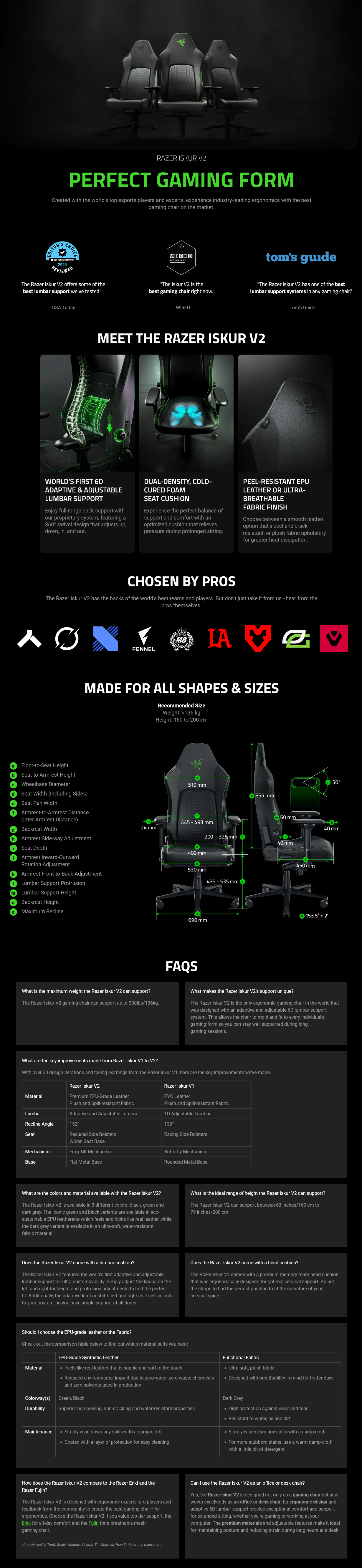 Razer Iskur V2 Gaming Chair w/ Adaptive Lumbar Support - Black - RZ38 ...