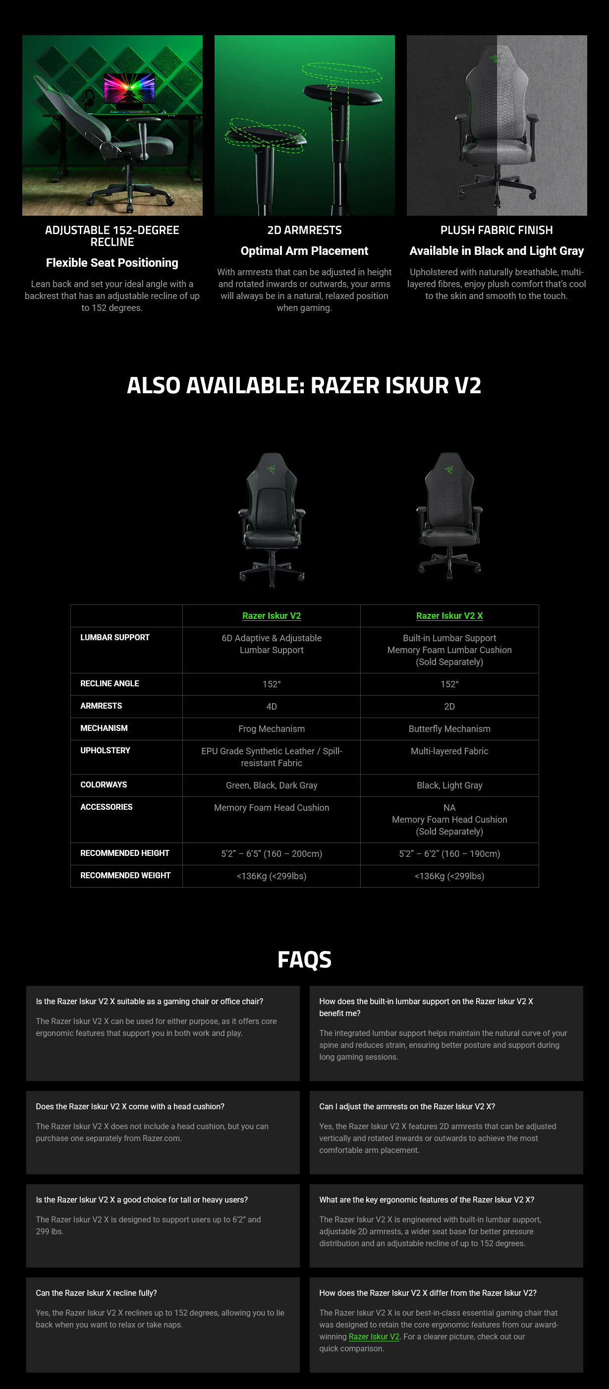 Razer Iskur V2 X Gaming Chair w/ Integrated Lumbar Support - Black ...