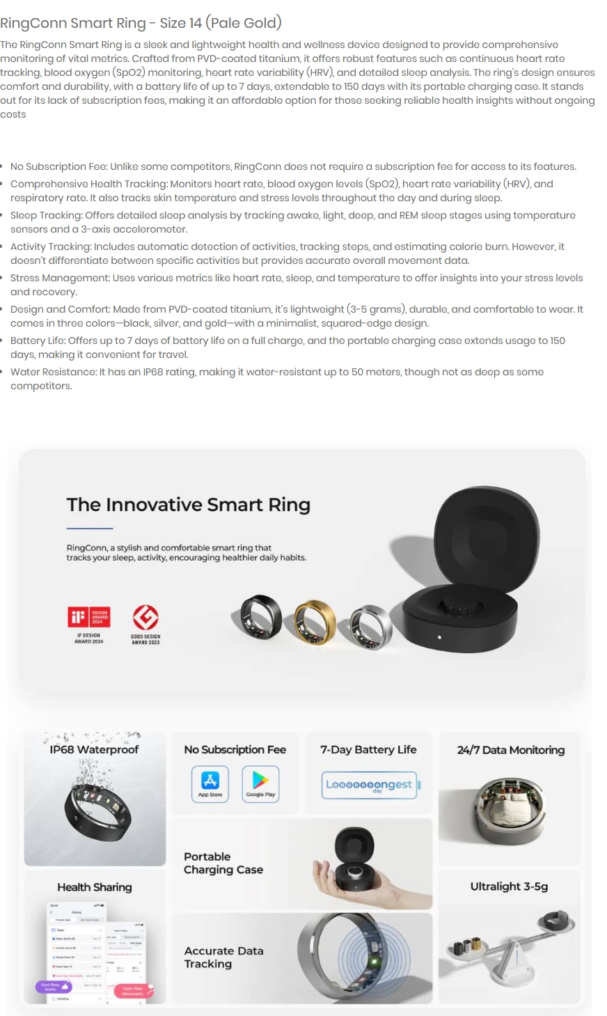 RingConn Gen 1 Smart Ring - Size 14 (Pale Gold) - SR1-PG-14 | Mwave