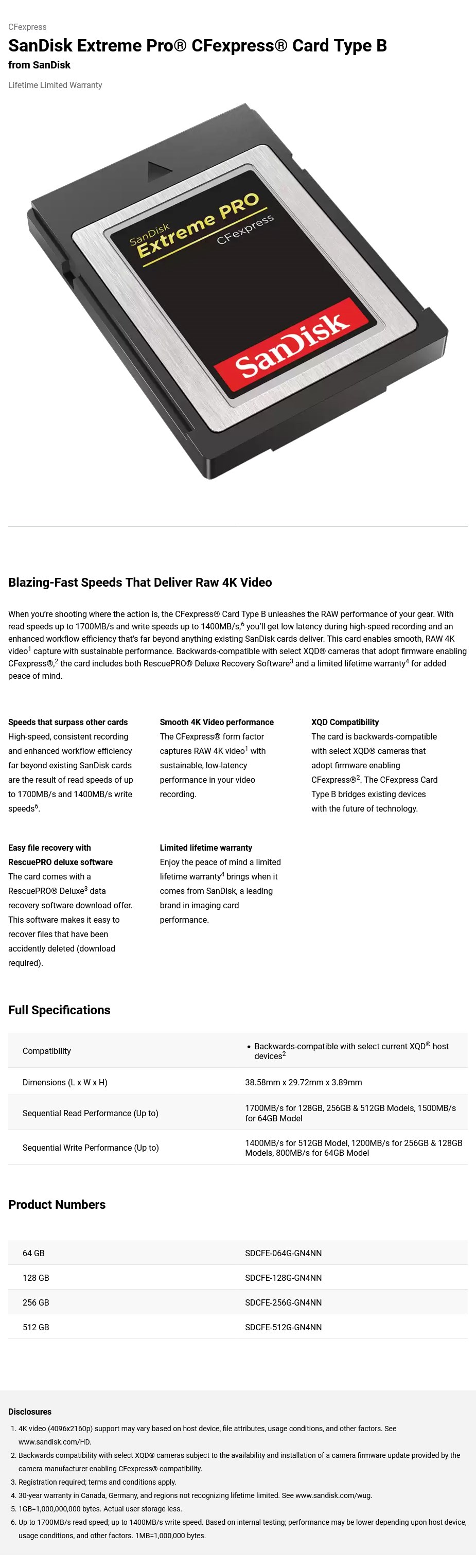 SanDisk 256GB Extreme PRO CFexpress Card Type B - 1700MB/s - SDCFE-256G-GN4NN | Mwave