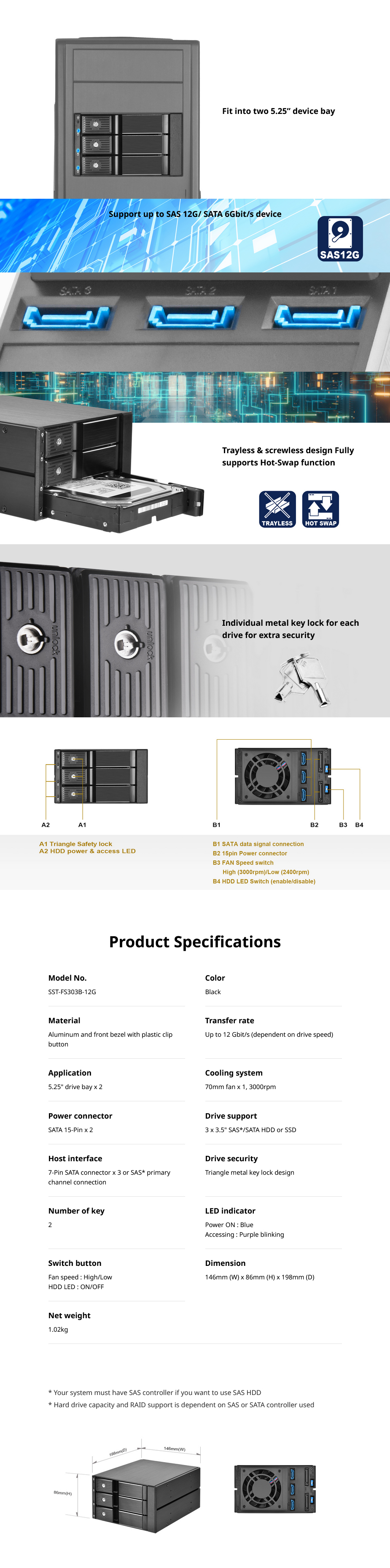 SilverStone FS303-12G 3-Bay Double 5.25" Cage for 3.5" SAS/SATA HDDs ...