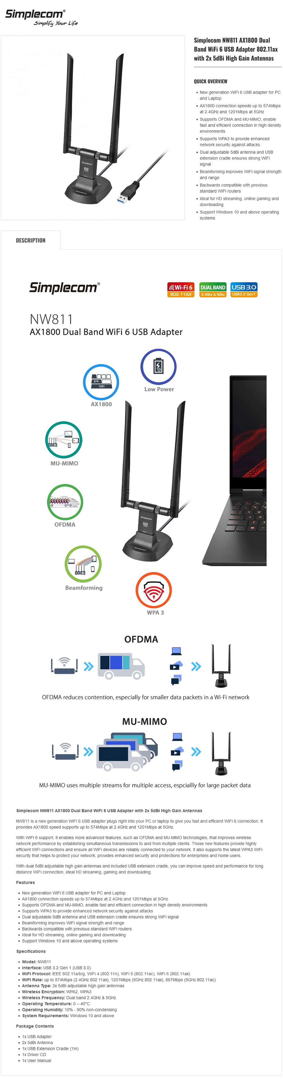Simplecom Nw Ax Dual Band Wi Fi Usb Adapter With Antennas Nw Mwave