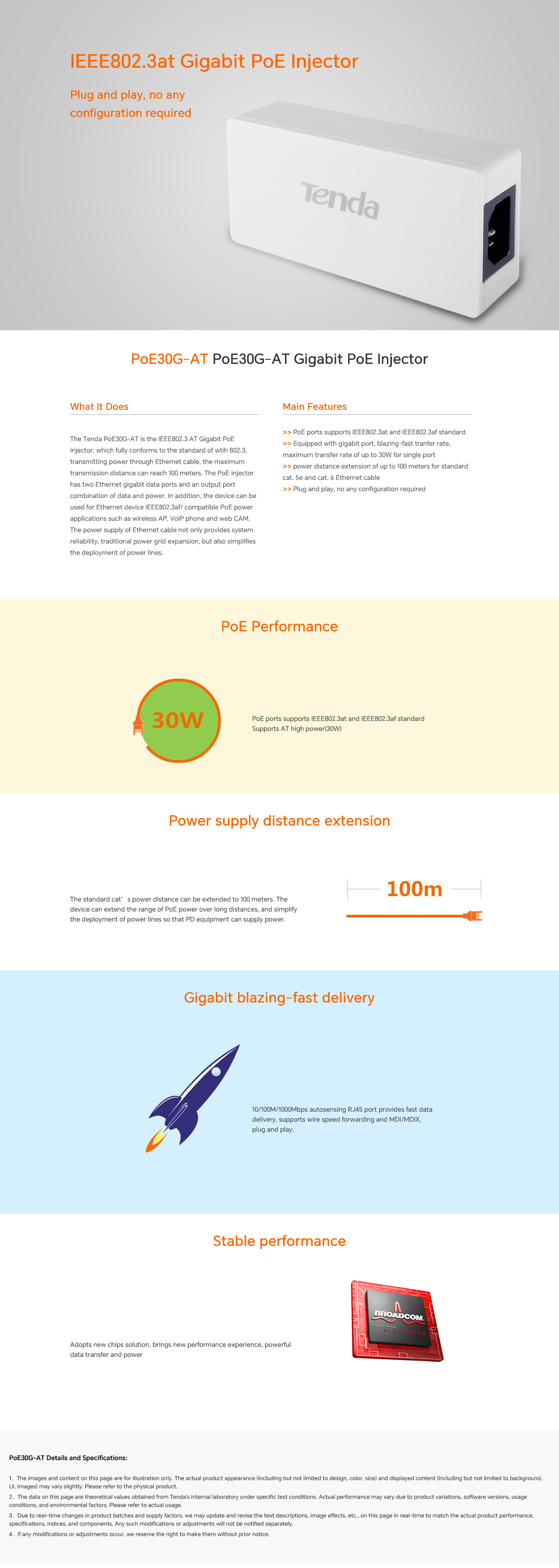 Tenda PoE30G-AT Gigabit PoE+ injector - PoE30G-ATv3.0 | Mwave